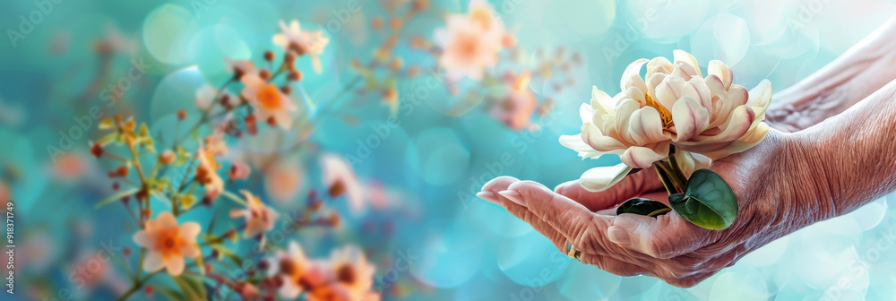 Hospice and Palliative Care Month. Patient with arthrosis holds flower ...