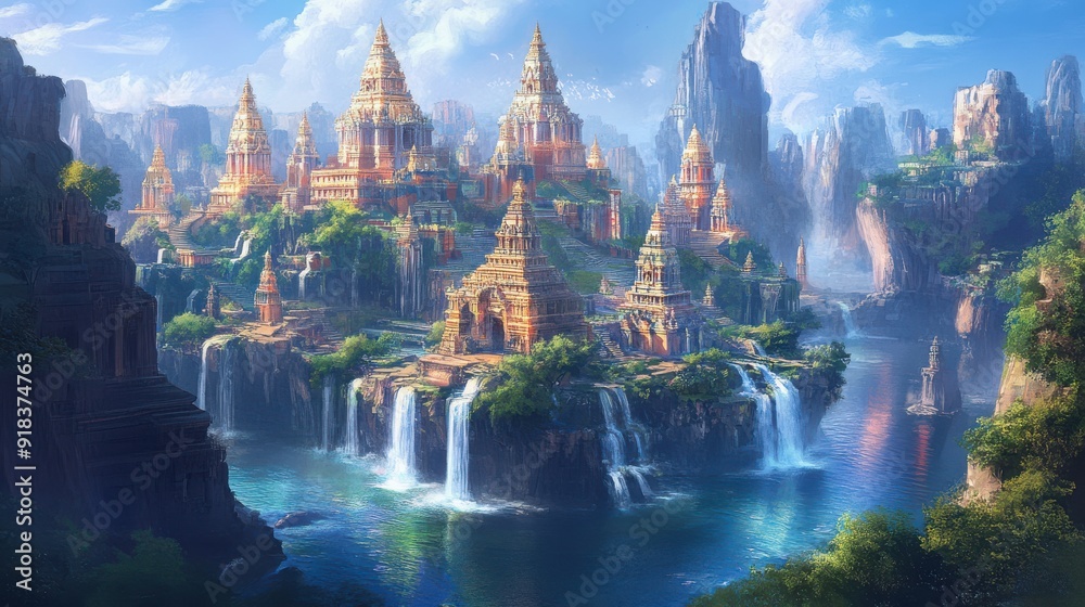An enchanting ancient city built on an island in the middle of a serene ...