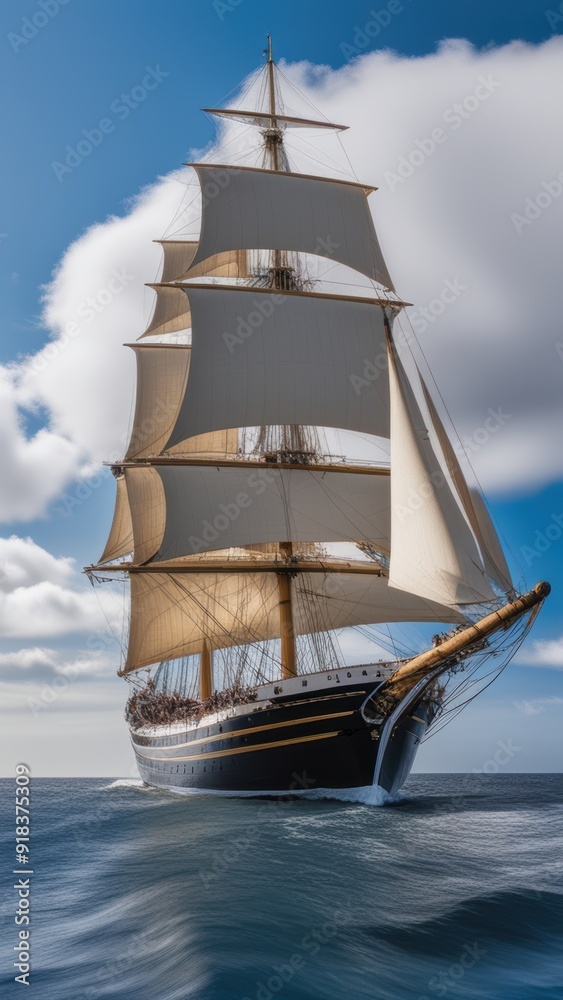 Sailing ship at sea with multiple masts and sails in fair weather ...