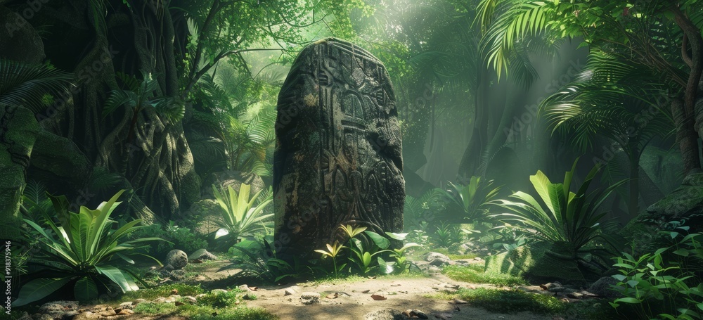 Jungle stone boulder with moss and plant. Rock board frame panel in ...