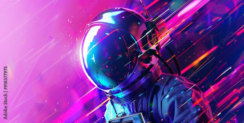 Cosmonaut spaceman in pink blue cosmos. Spacesuit with cyber laser ray ...