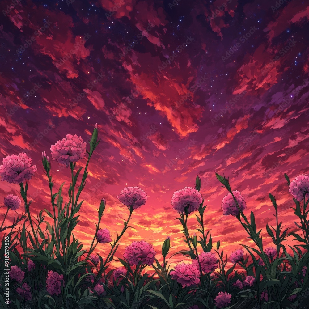 Festive Carnation Dance Under a Dramatic Crimson Sky, an Animated ...