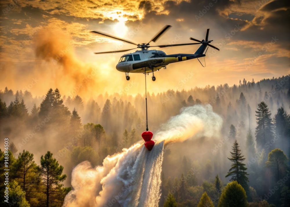 Aerial firefighting helicopter carries a massive water bucket to combat ...