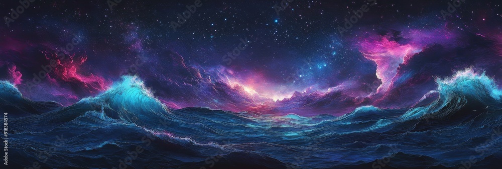 A breathtaking vista of cosmic ocean waves crashing under a vibrant ...