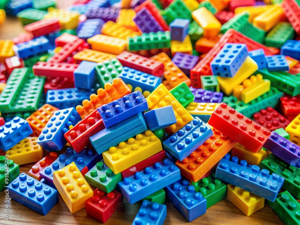 Colorful small interlocking plastic bricks scattered on a table ...