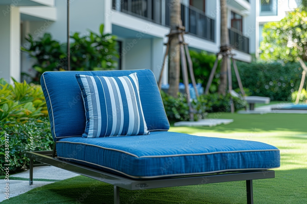 Blue and white outdoor sunbed with a striped pillow on the lawn of an ...
