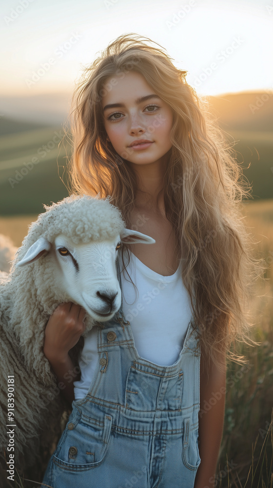Young shepherd woman is holding a lamb on her shoulder, enjoying the ...
