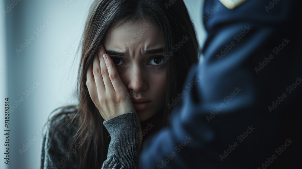 Young woman, covering part of her face with her hand, is experiencing ...