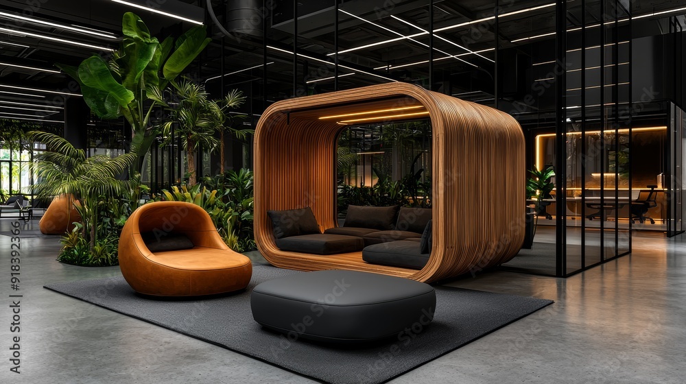 Minimalist co-living space, shared areas, private pods Stock Photo ...