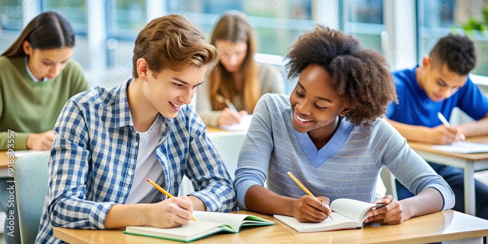 Two intent learners sit together, pens poised, intensely taking notes ...