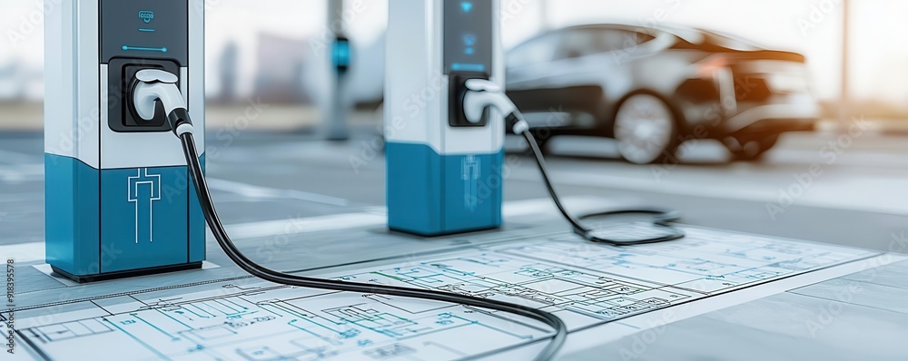 Blueprint of an electric vehicle charging station, detailed layout and ...