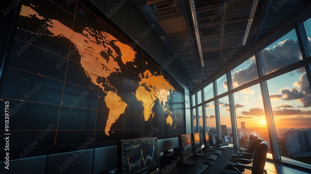 Stock Market, Trader. Modern office interior with large world map on ...