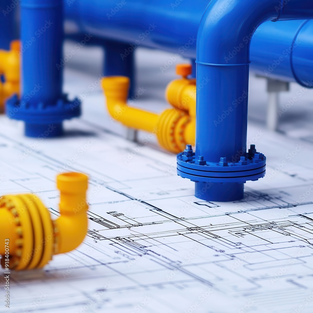 Blueprint of a sewage treatment plant, detailed piping and layout ...