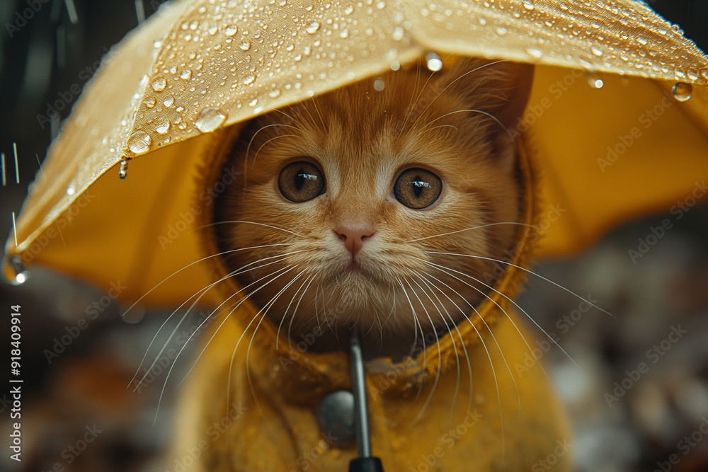 Cute ginger kitten in yellow raincoat with umbrella on rainy day, cute ...