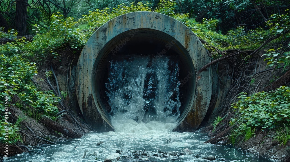 Dark underground sewer round concrete tunnel. Industrial wastewater and ...