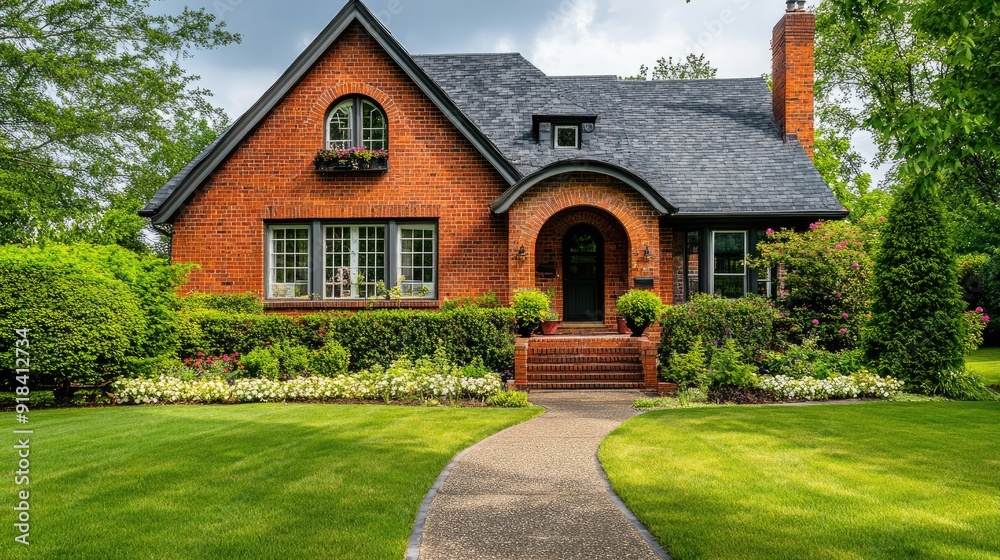 Classic red-brick home with a neat front yard and room for adding text ...
