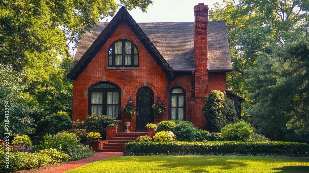 Classic red-brick home with a neat front yard and room for adding text ...