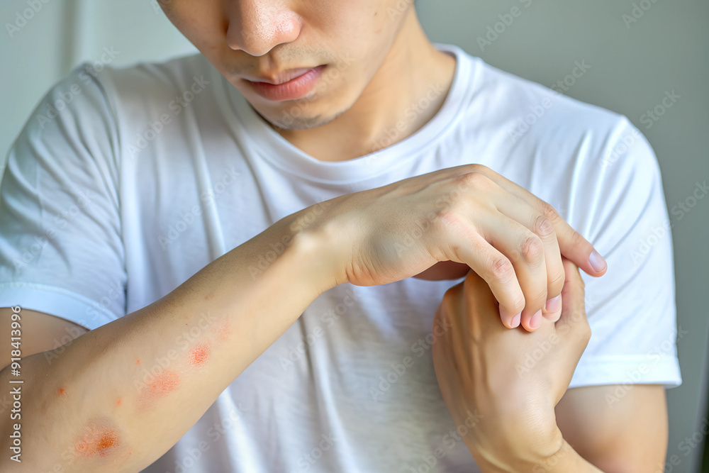 Young asian man itching and scratching on arm from allergic itchy dry ...