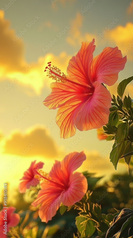 Tropical Hibiscus Blooms Under a Warm, Golden Sky, Exuding an Anime ...