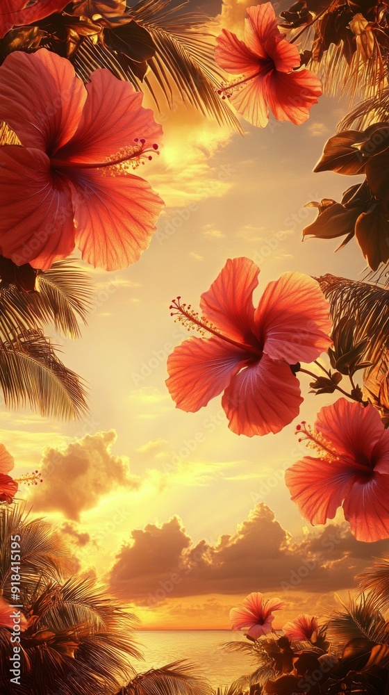 Tropical Hibiscus Blooms Under a Warm, Golden Sky, Exuding an Anime ...