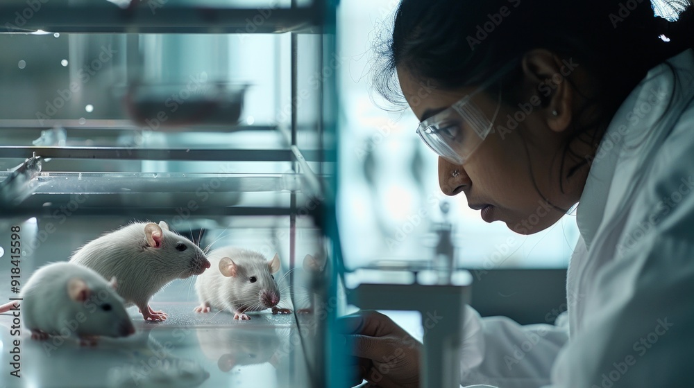 Scientist examining lab mice in a research laboratory. Laboratory ...