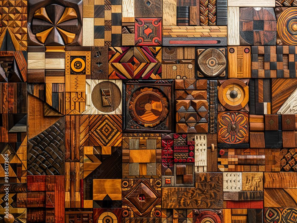 Detailed view of a wood inlay art piece featuring various wood tones ...