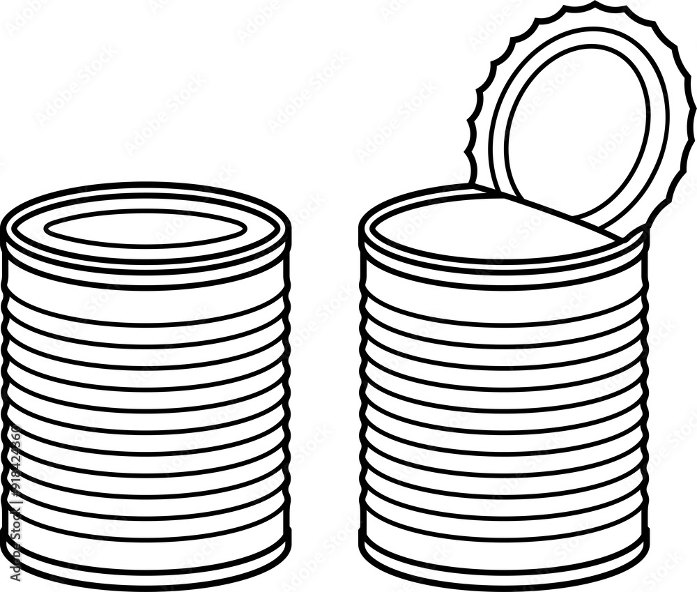 Tin can black and white line art drawing, closed and open. Simple clip ...