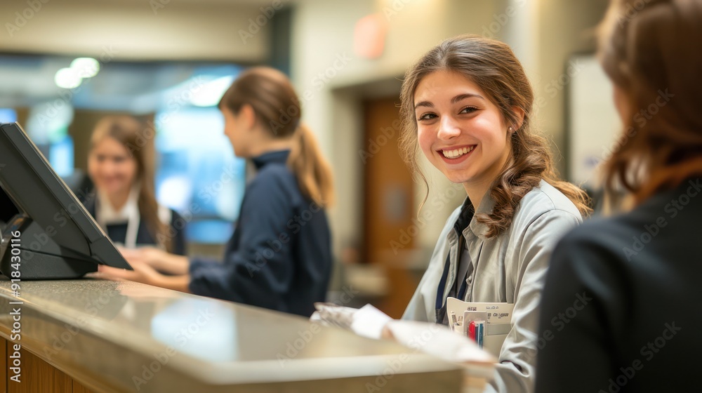 Bank staff are greeting customers with smiles at the service counter in ...