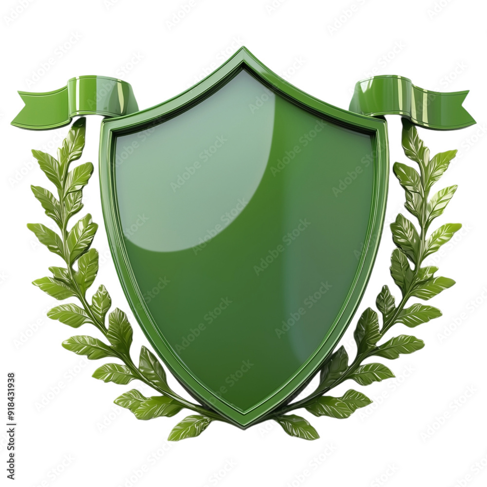 Glossy green shield crest with laurel wreath and ribbon on a ...