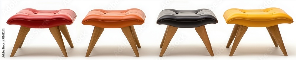 differently colored leather footstools with wooden legs shown in ...