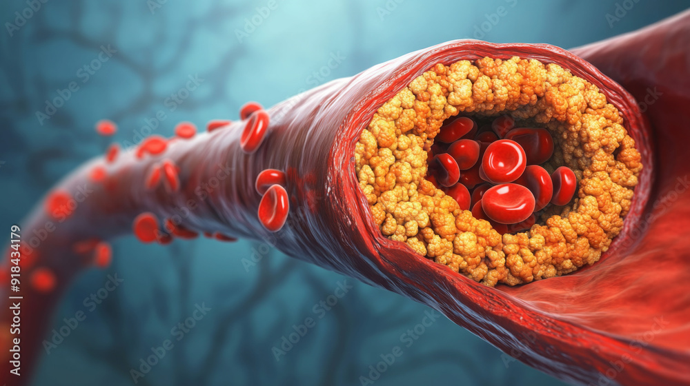 3D medical illustration showing an artery with severe cholesterol ...