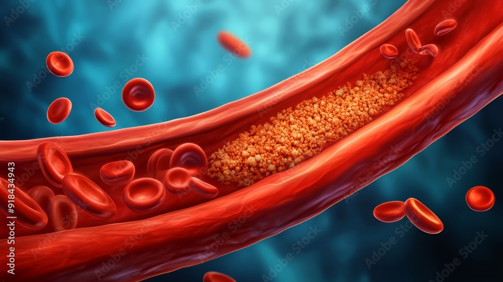A 3D medical illustration showing an artery partially obstructed by a ...