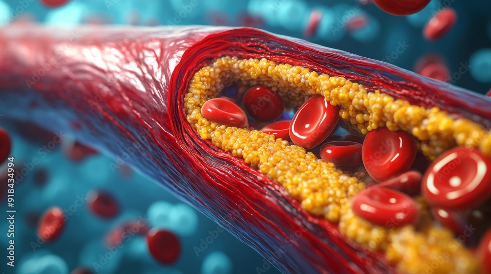 Detailed 3D illustration of cholesterol plaque buildup inside an artery ...