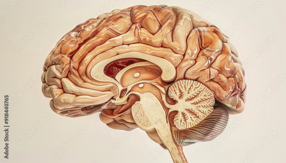 Detailed anatomical model of a human brain showing internal structures ...
