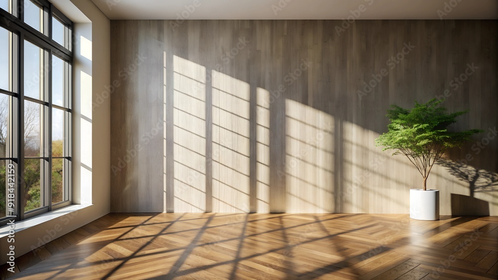 Light falling on the wall of a modern house with panoramic windows ...