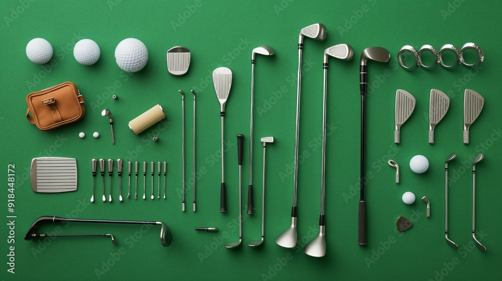 Top view of golf equipment arranged in a flat lay style on a green ...