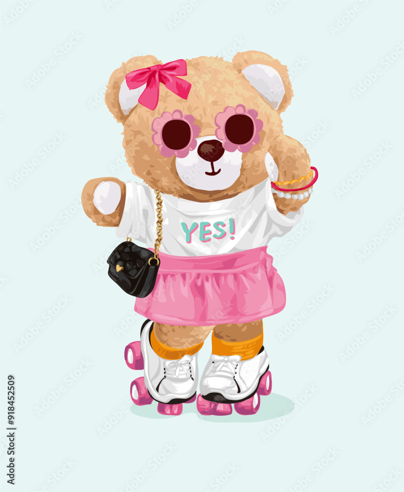 cute girly bear doll in pink fashion style and roller skate vector ...