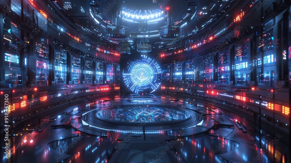 A 3D illustration of a futuristic data center interior, featuring ...