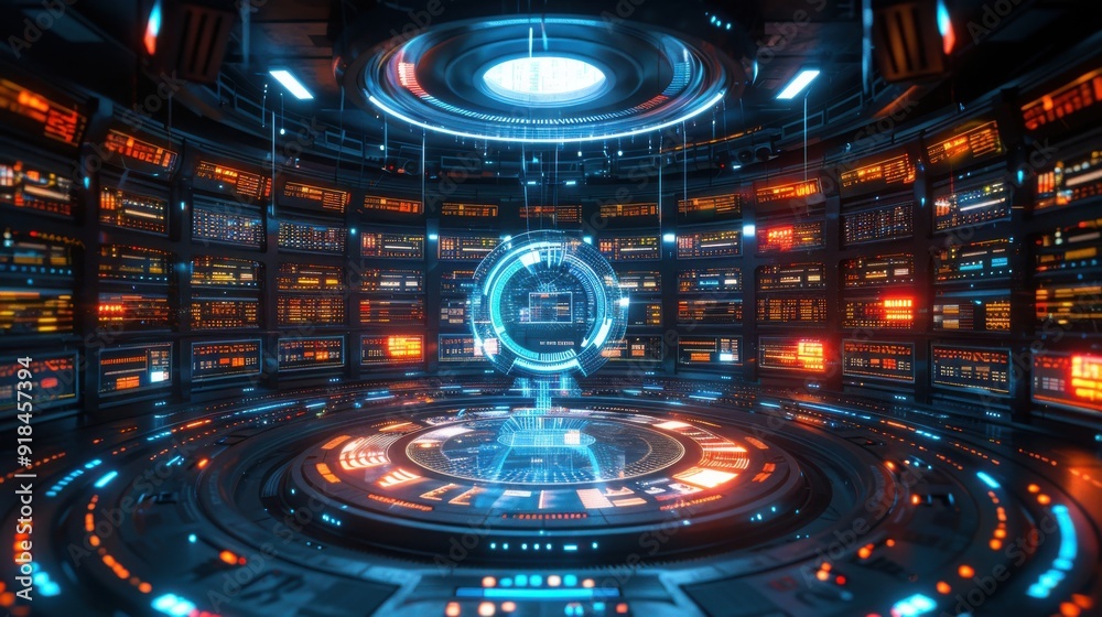 A 3D illustration of a futuristic data center interior, featuring ...