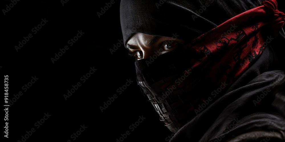 An assassin ninja is wearing a hooded mask. The image has a dark and ...