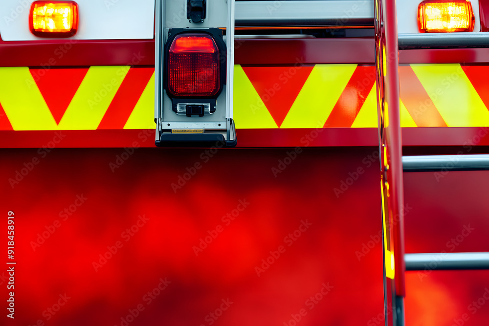 Front view of a fire truck with a ladder, warning stripes and lots of ...