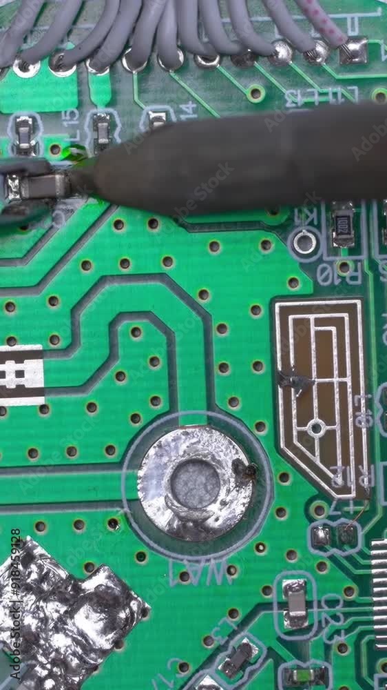 Hand holding soldering gun and working with lead repair board ...