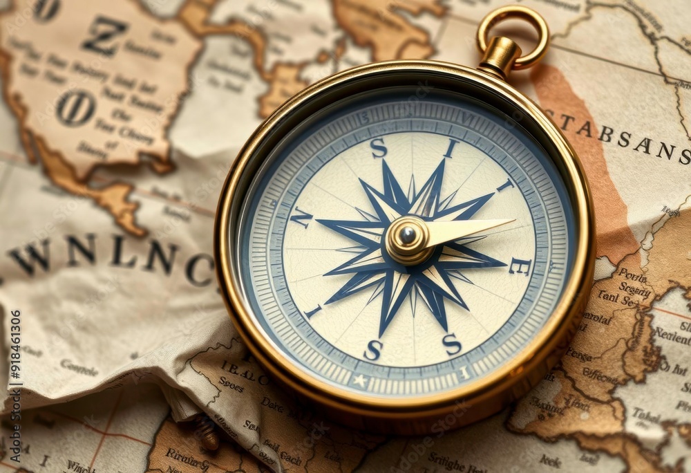 A vintage brass compass on an old map, showing the cardinal directions ...
