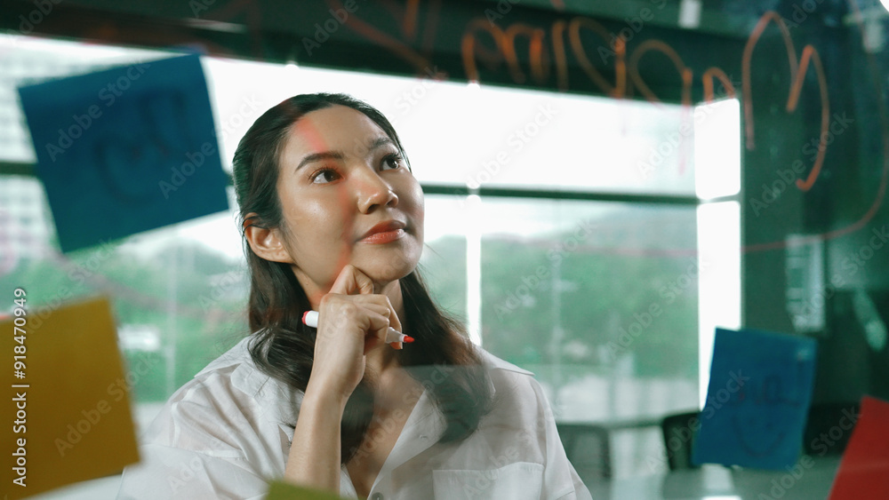 Beautiful female leader thinking about start up project in front of ...