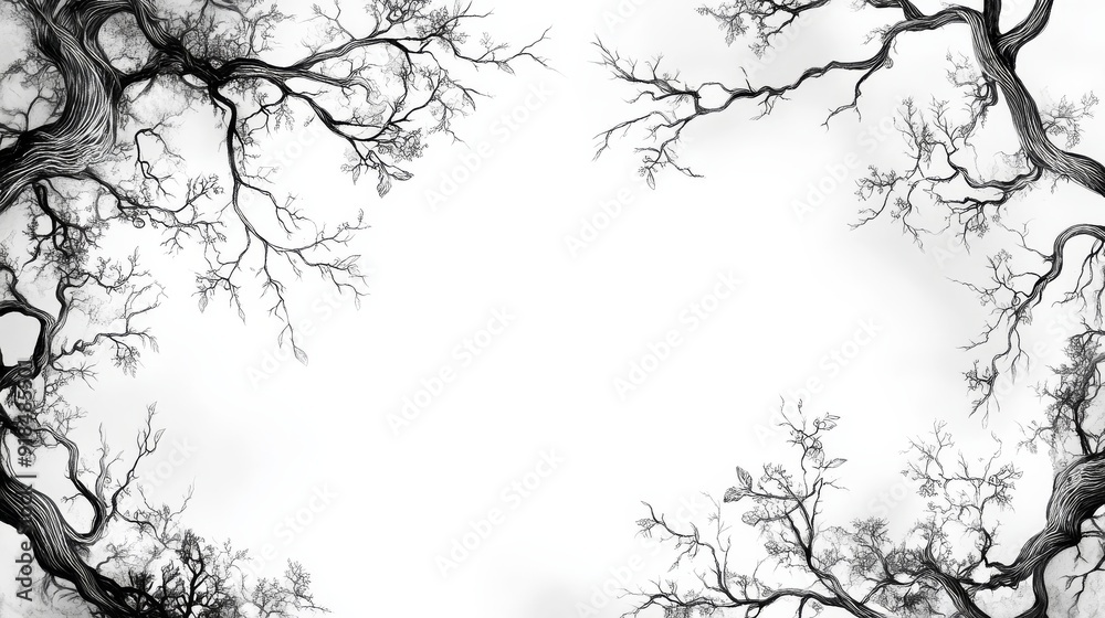 This eerie illustration in black and white features twisted, barren ...