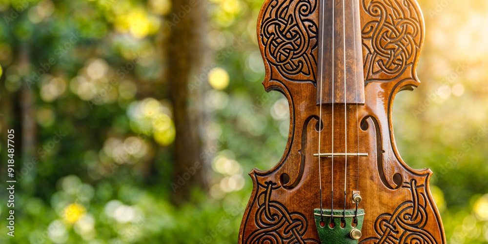 Violin with Celtic knot design in the forest, traditional folk music album cover background ...