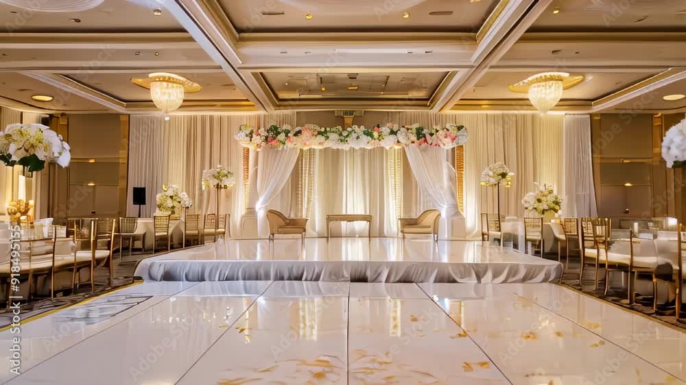 Elegant wedding setup in a grand ballroom with floral decorations and ...