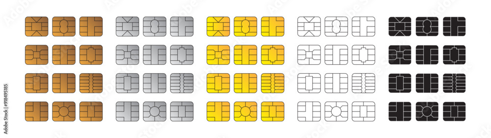 EMV gold, silver, black and white flat chip icon for bank plastic ...
