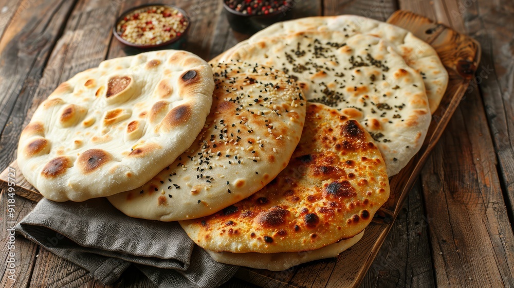 Different types of flatbreads on a wooden table, front view shot, naan ...