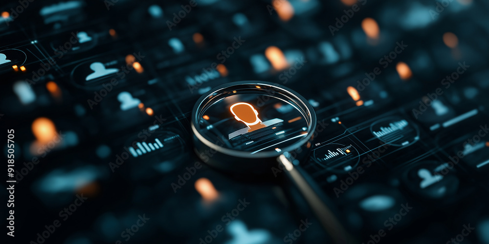 A standout human icon illuminated under a magnifying glass amidst a sea ...